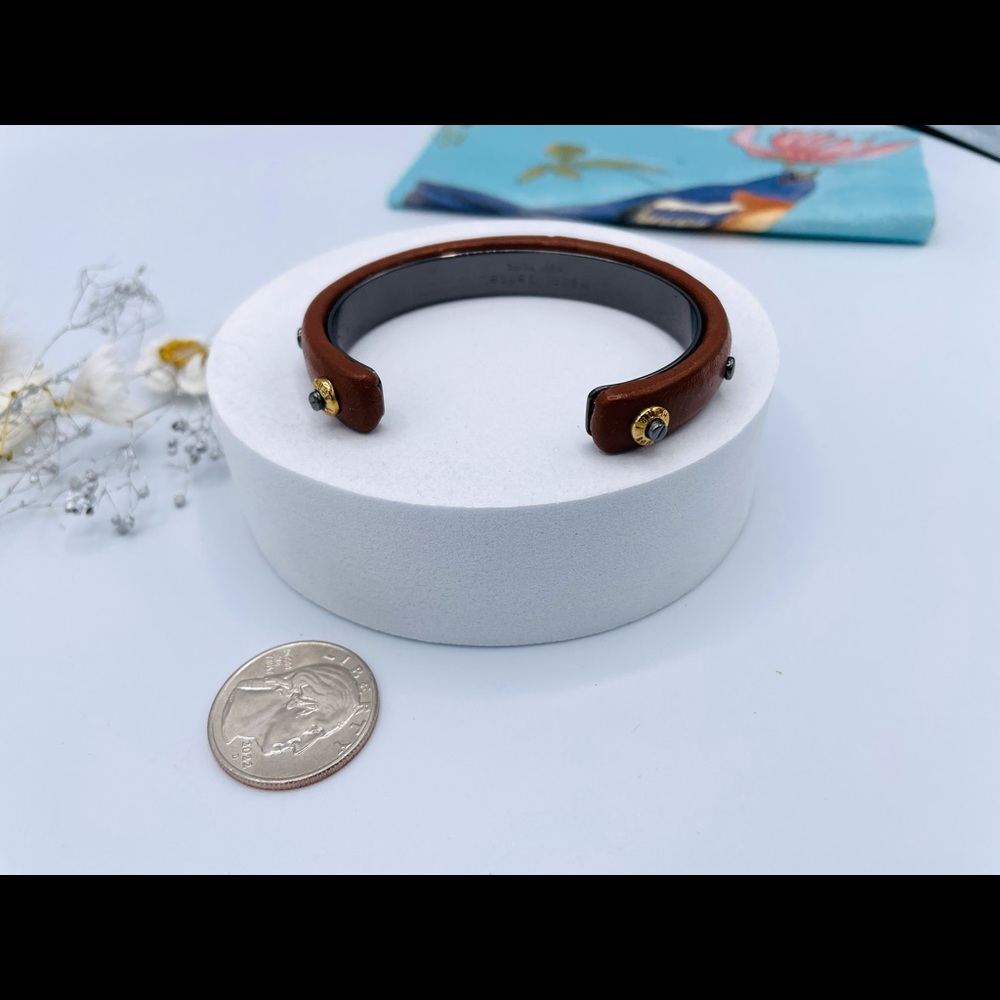 Henri Bendel Vintage Brown Leather Logo Cuff Bracelet - Gem